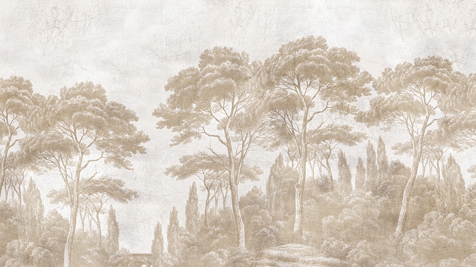 Panoramic Wallpaper - Pins et cyrpès sépia clair - Ananbô